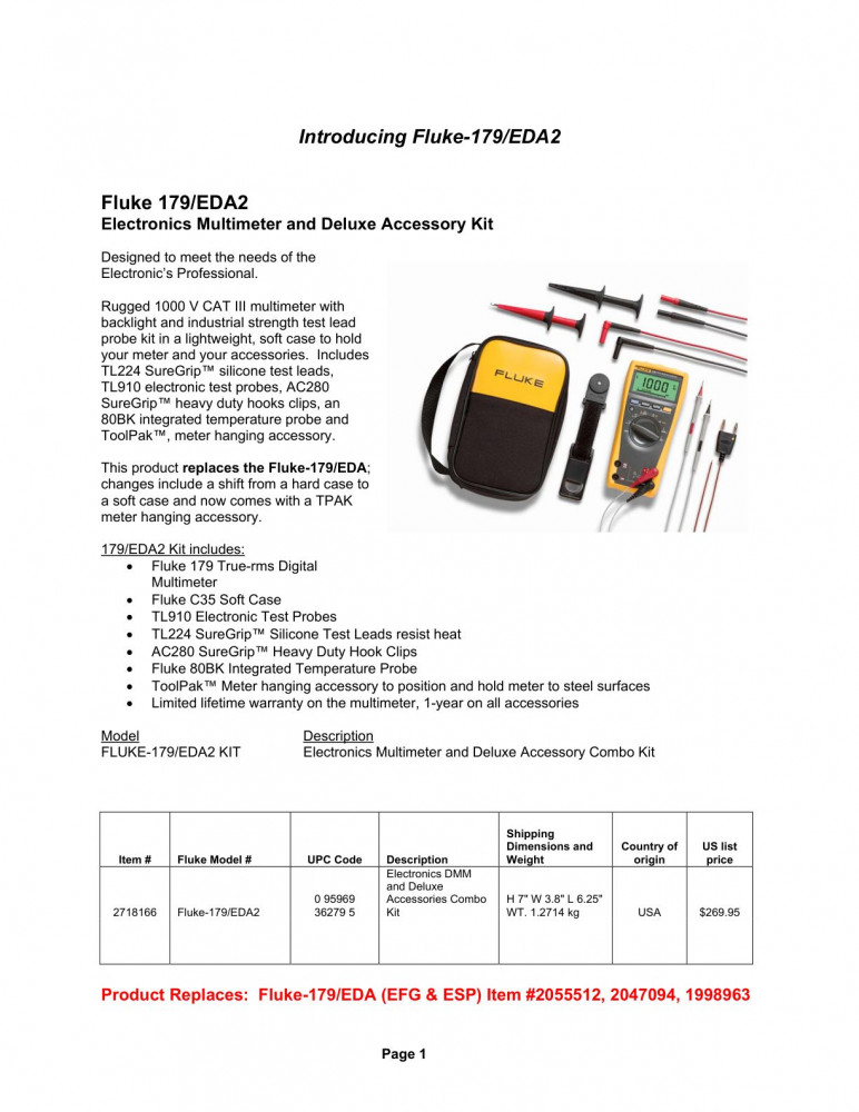Fluke 179/EDA2 product document, page image 1