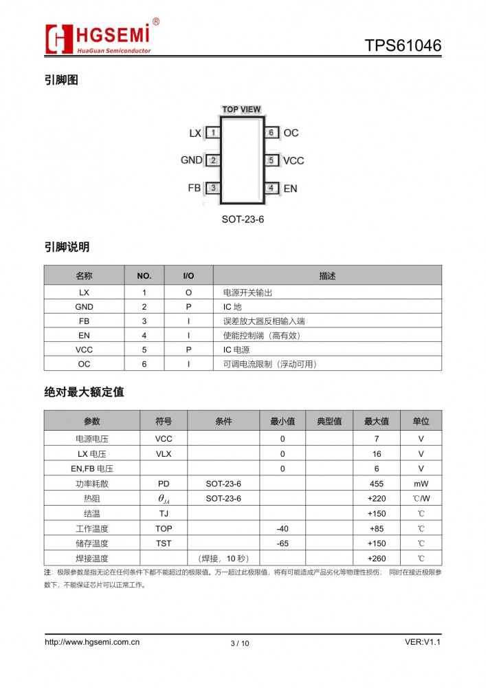 TPS61046M6/TR datasheet page 3
