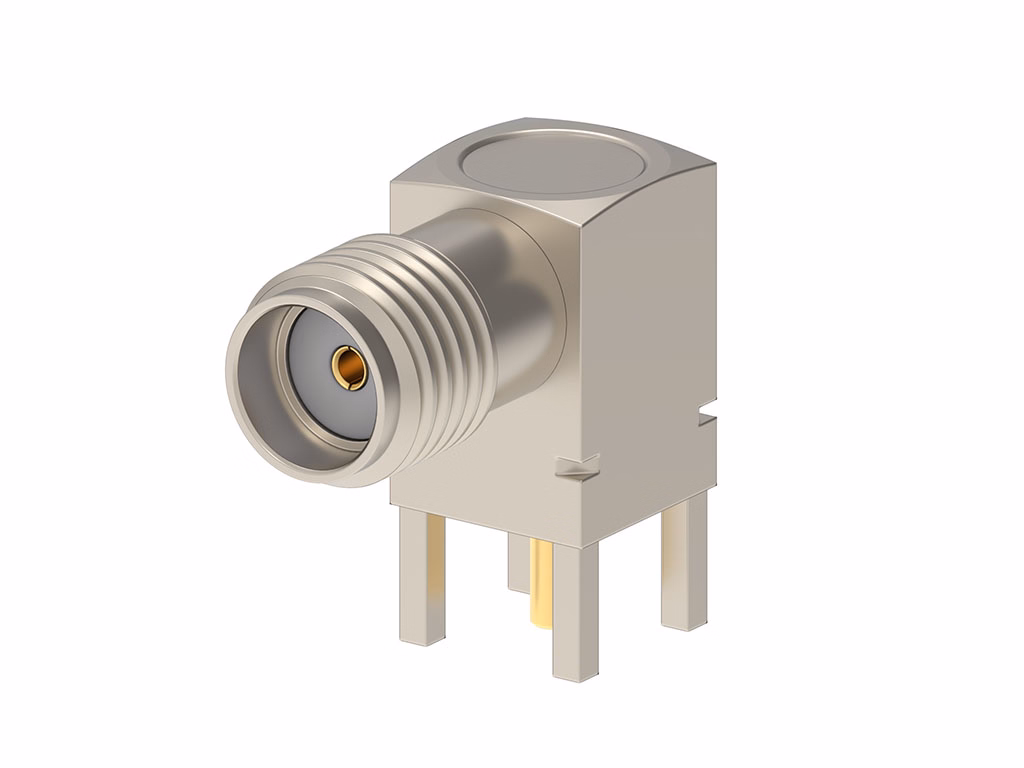 SMA Jack, Right-Angle, PCB Receptacle, Through Hole, Brass Body, Nickel (Ni) Plated, 3.93mm Leg Length, Tray, 50 Ohms for sale