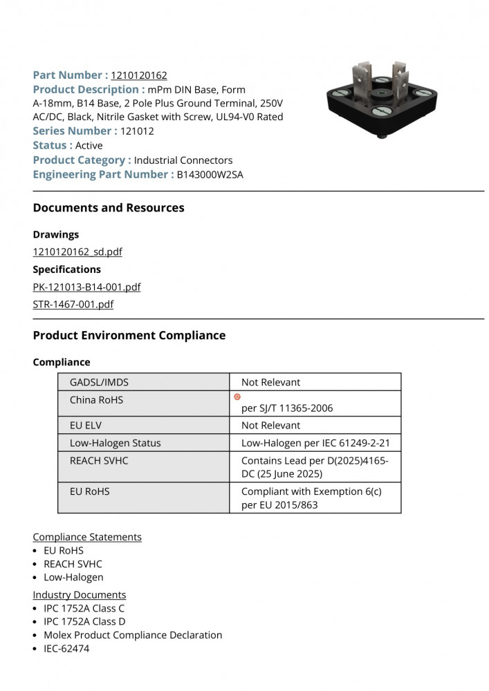 Molex DIN base IP6X test report preview, page 1