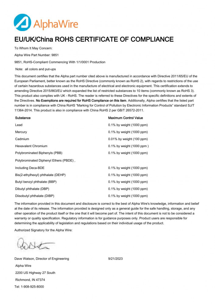 Alpha Wire 9851 compliance document page 4