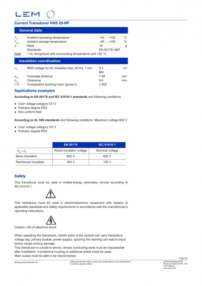 LEM HXS 20-NP datasheet page 2
