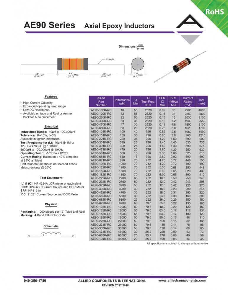 AE90 Series axial epoxy inductors technical document