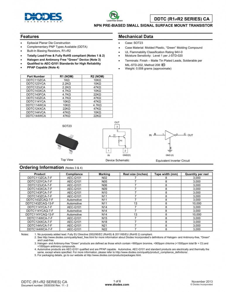 DDTC143XCA-7-F datasheet page 1