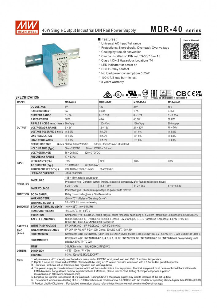 MEAN WELL MDR-40-12 specification page