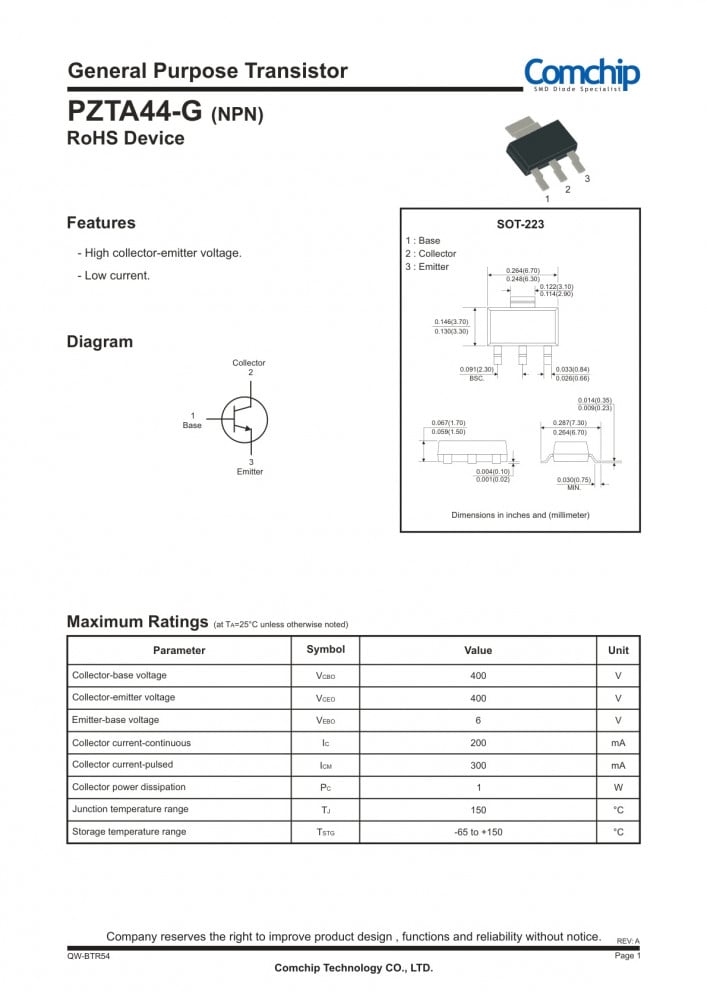 PZTA44-G datasheet page 1