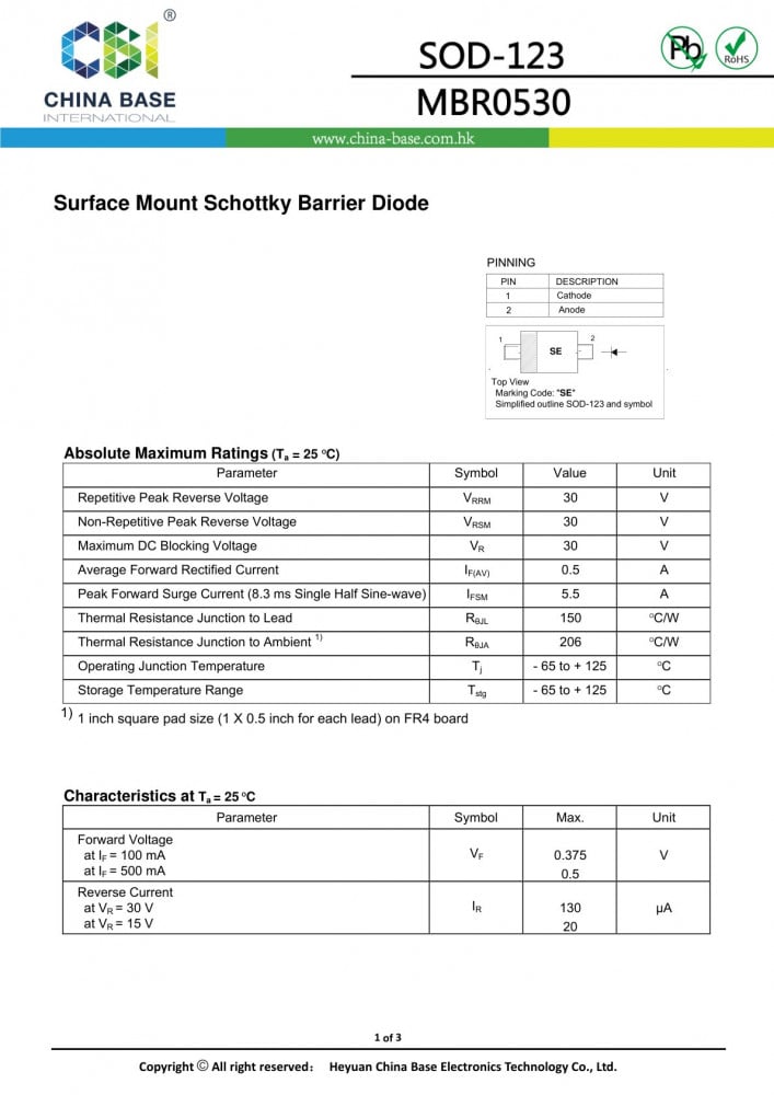 MBR0530 datasheet page 1