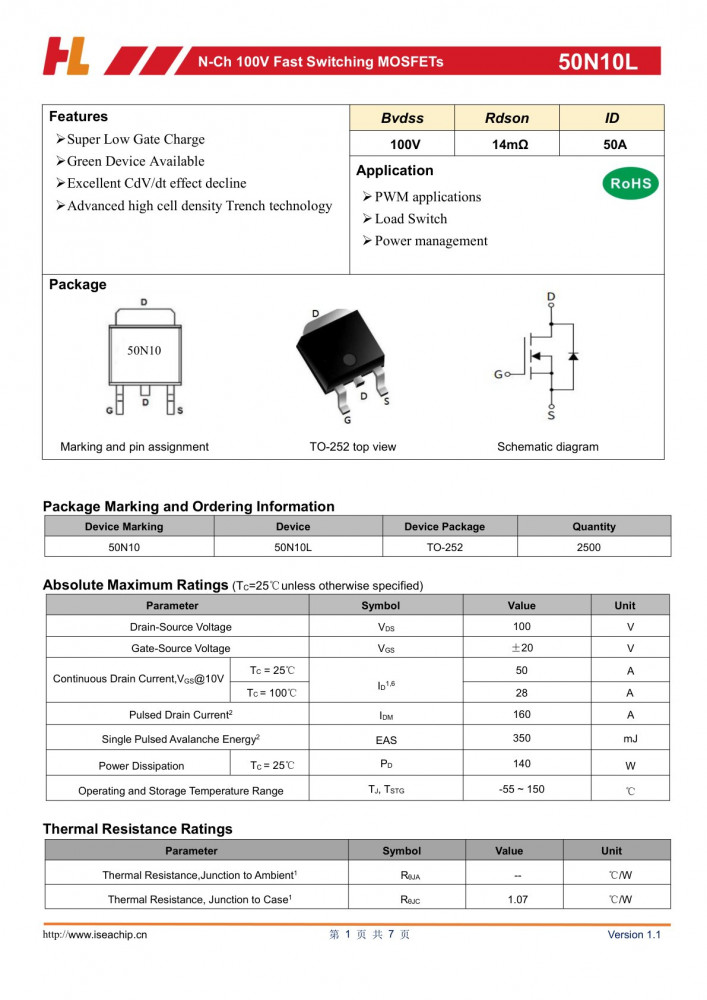 HL 50N10L datasheet page 1