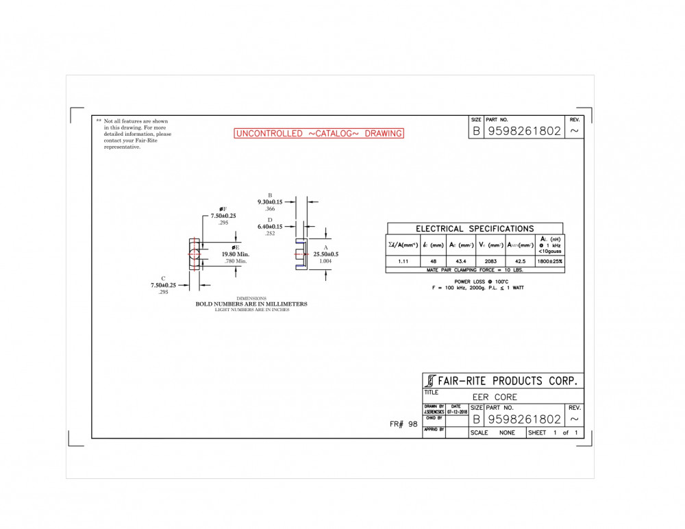 Fair-Rite 9598261802 technical document preview