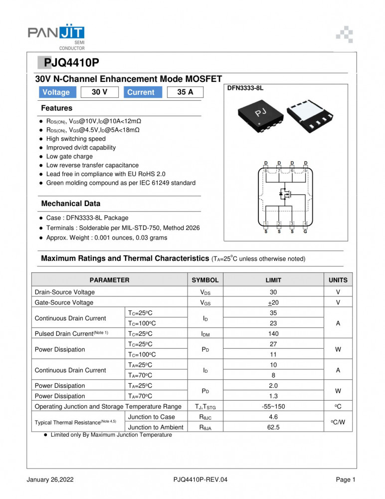 PJQ4410P datasheet page 1