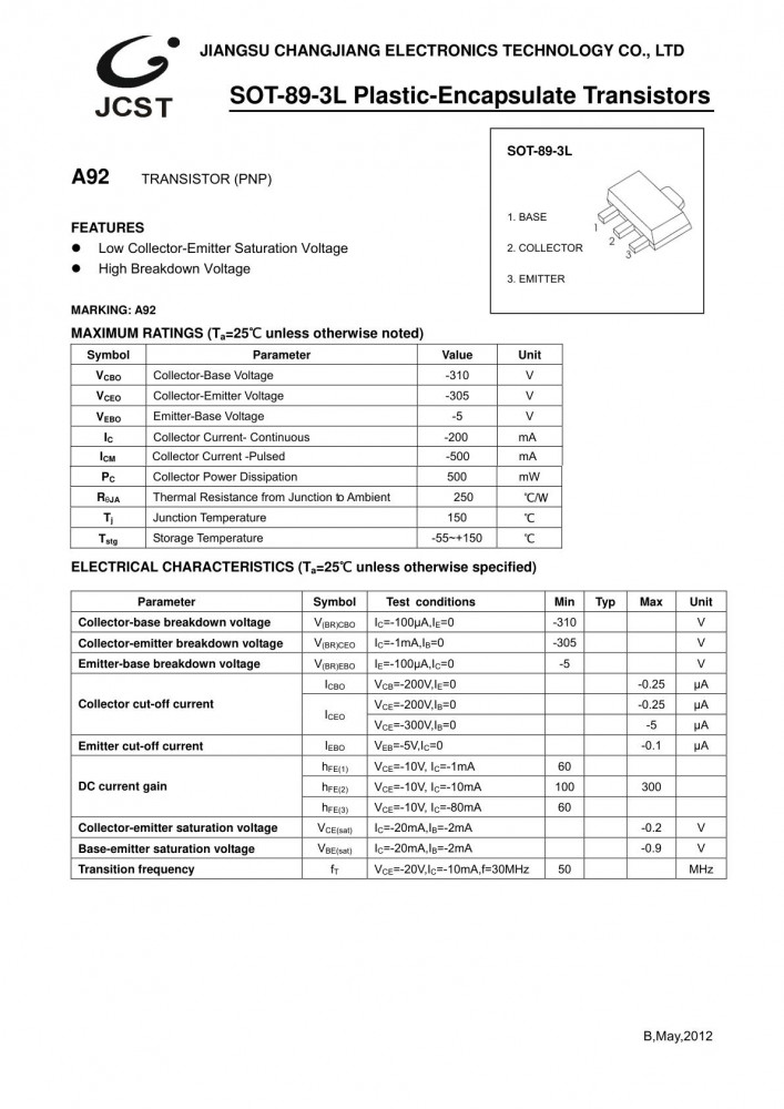 JSCJ A92 transistor datasheet page