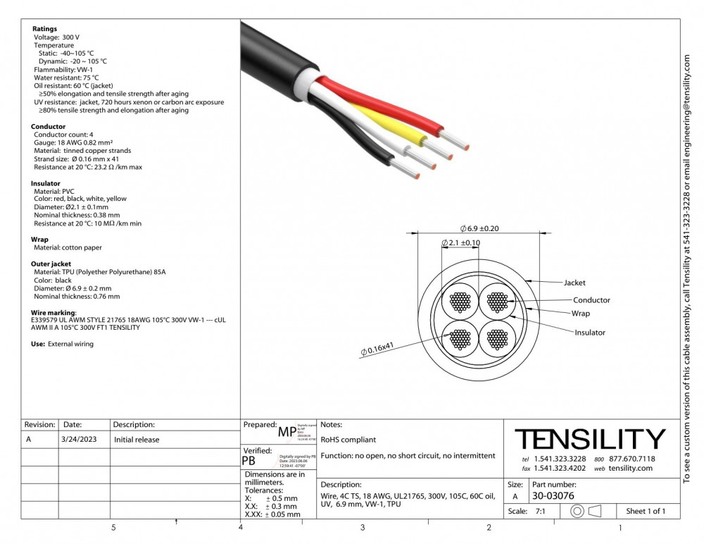Tensility International 30-03076 cable drawing and specification image
