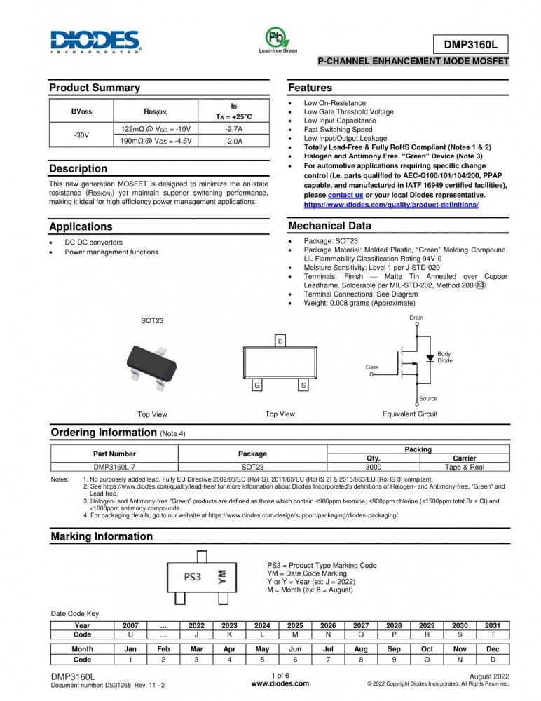 DMP3160L-7 datasheet page 1