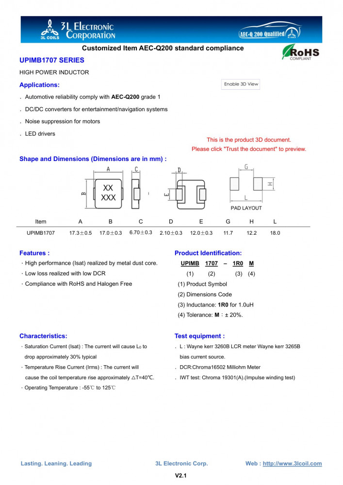 UPIMB1707 product documentation page 1