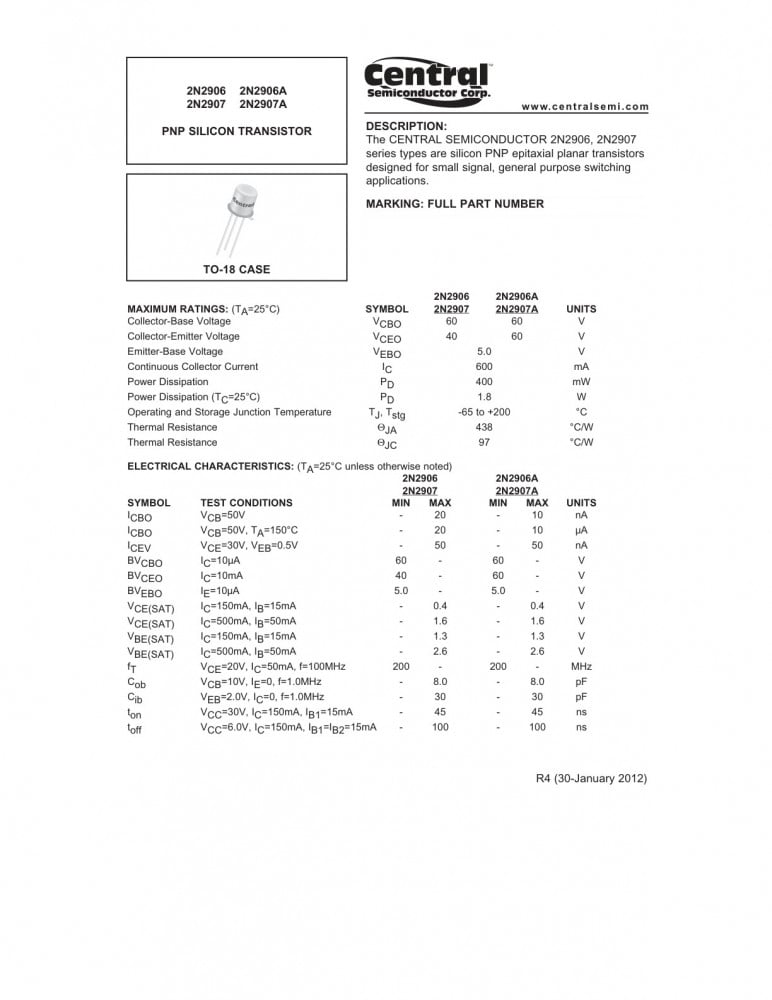 Central 2N2907 PBFREE datasheet page 1