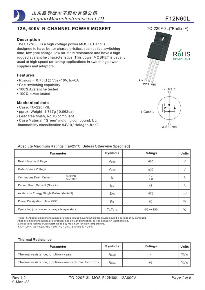 F12N60L datasheet page 1
