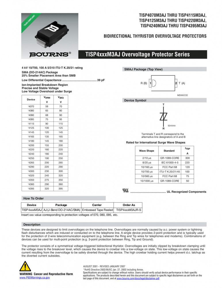 BOURNS TISP4xxxM3AJ datasheet page 1