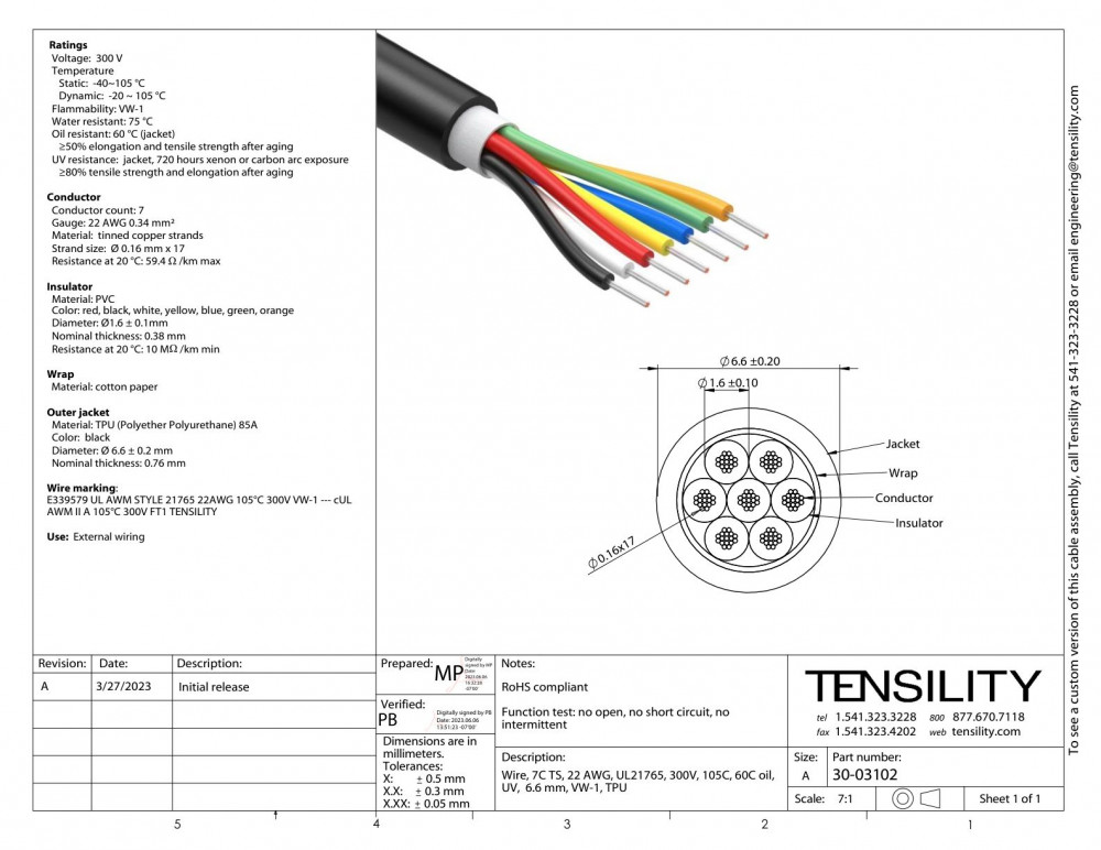Tensility 30-03102 product drawing and cable specification sheet