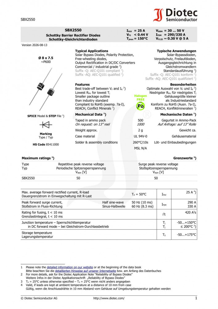 DIOTEC SBX2550 datasheet page 1