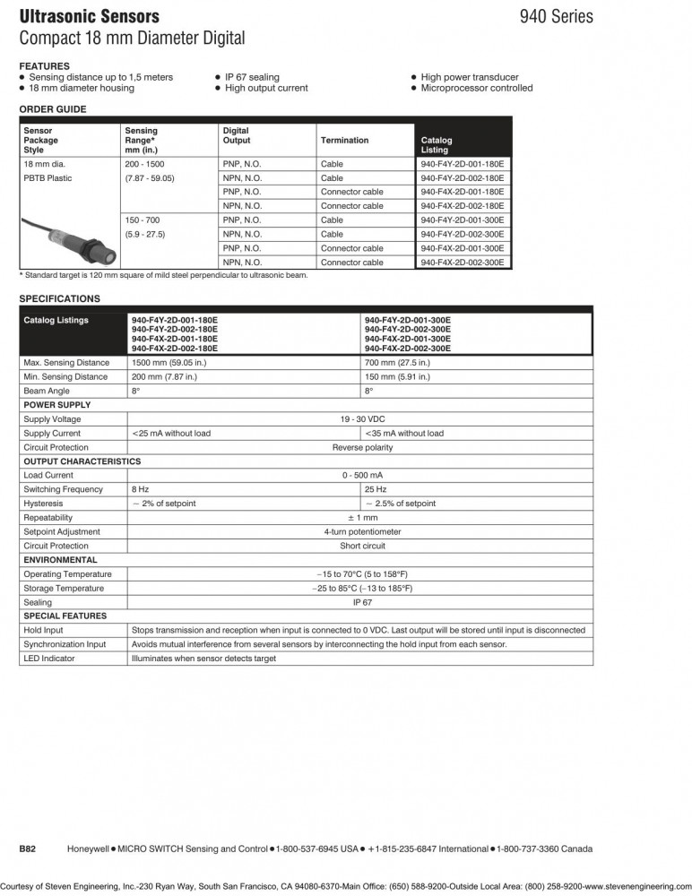 Honeywell ultrasonic sensor document page 1