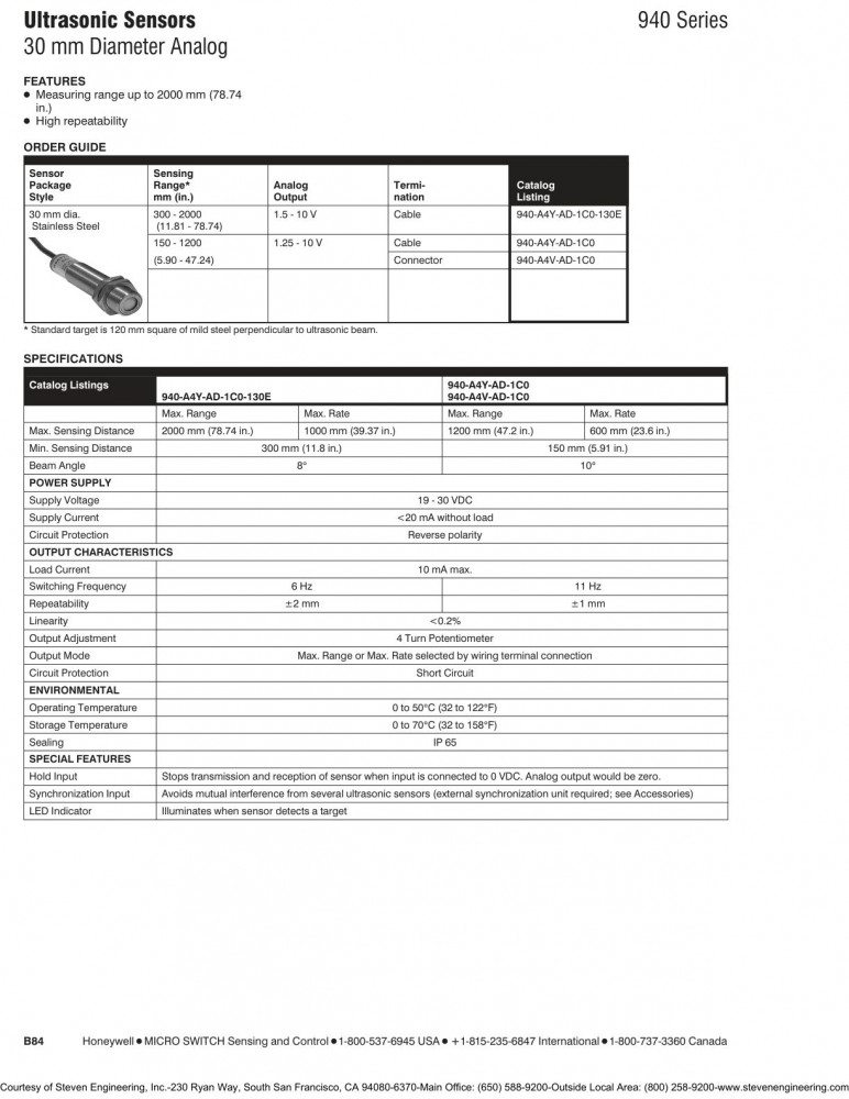 Honeywell ultrasonic sensor document page 3
