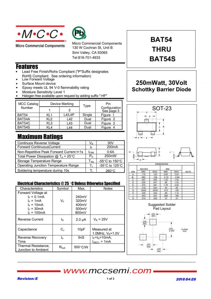 MCC BAT54S datasheet page 1