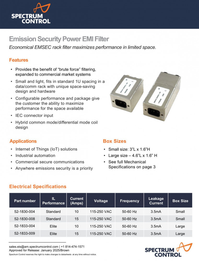 Spectrum Control EMSEC power EMI filter document, page 1