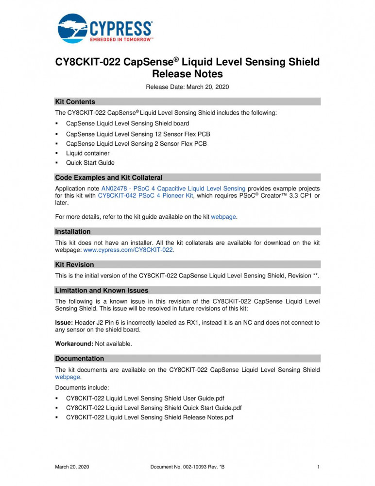 CY8CKIT-022 technical document preview page 1