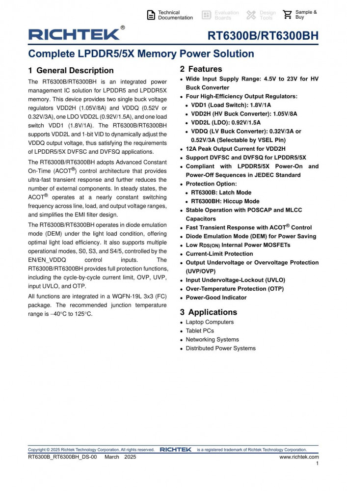 RT6300B and RT6300BH datasheet page 1