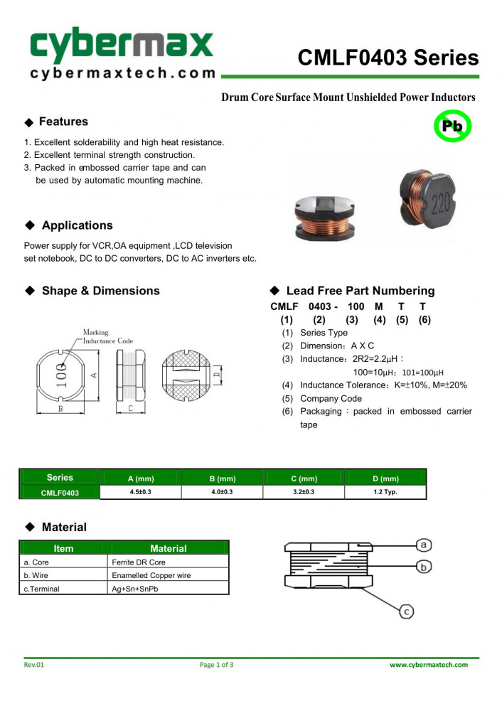 Cybermax CMLF0403 datasheet page 1