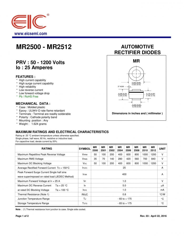 EIC MR2504 datasheet page 1