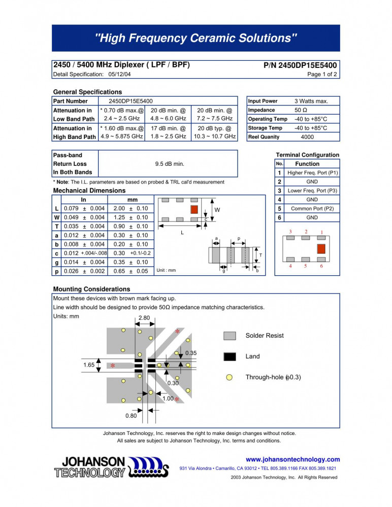 2450DP15E5400 diplexer datasheet page 1