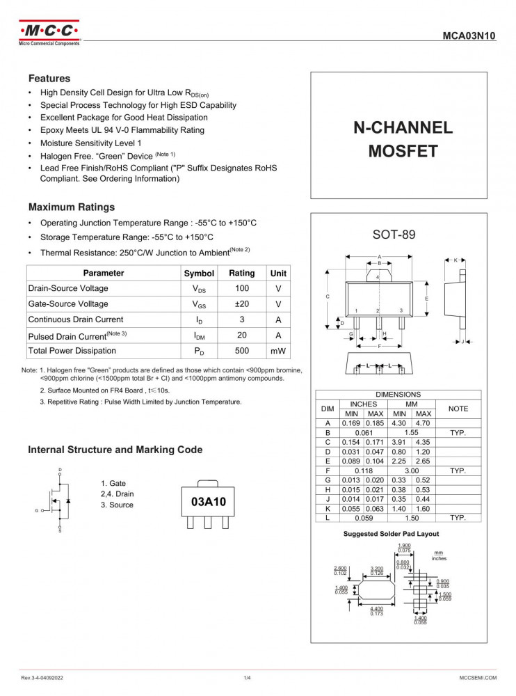 MCA03N10-TP datasheet page 1
