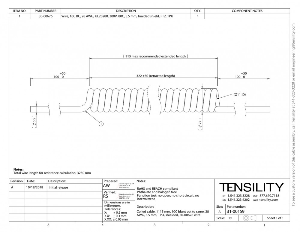 Tensility International 31-00159 cable assembly drawing