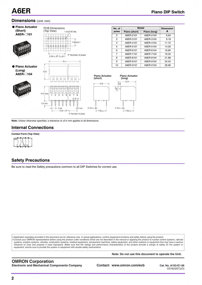 OMRON A6ER DIP switch technical document page 2