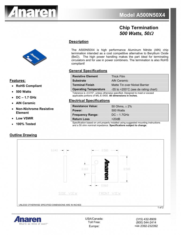 A500N50X4 technical datasheet page 1