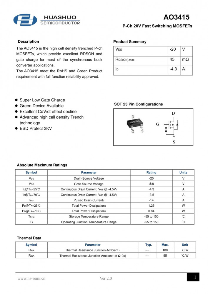 AO3415 datasheet page 1