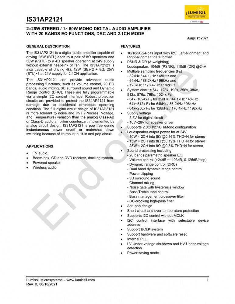 IS31AP2121-LQLS1 datasheet page 1