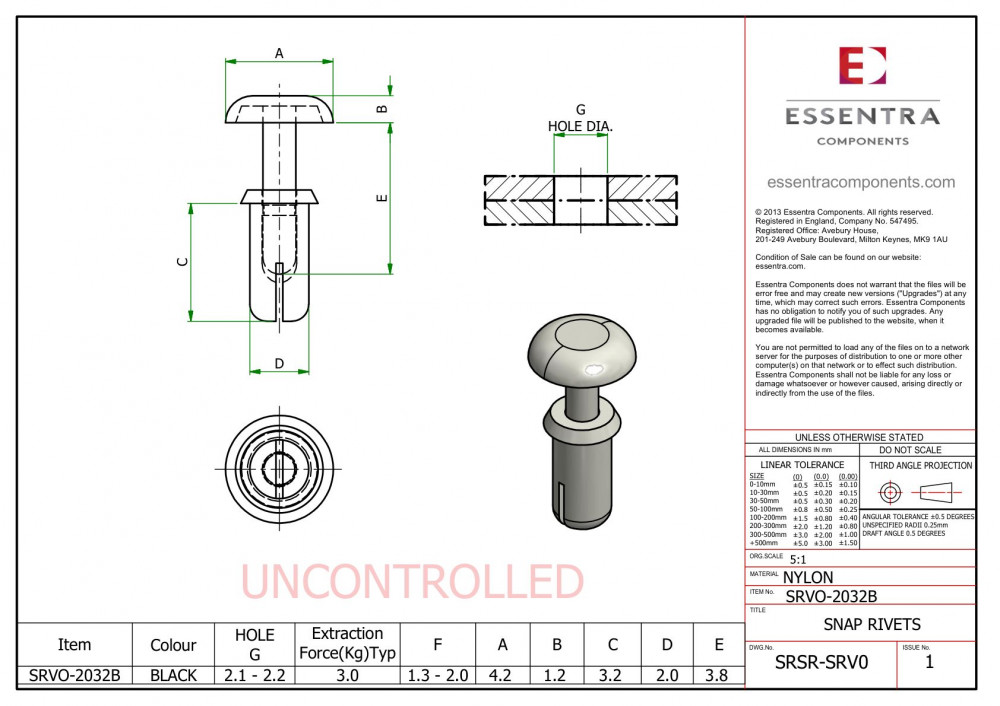 Essentra SRVO-2032B snap rivet technical drawing