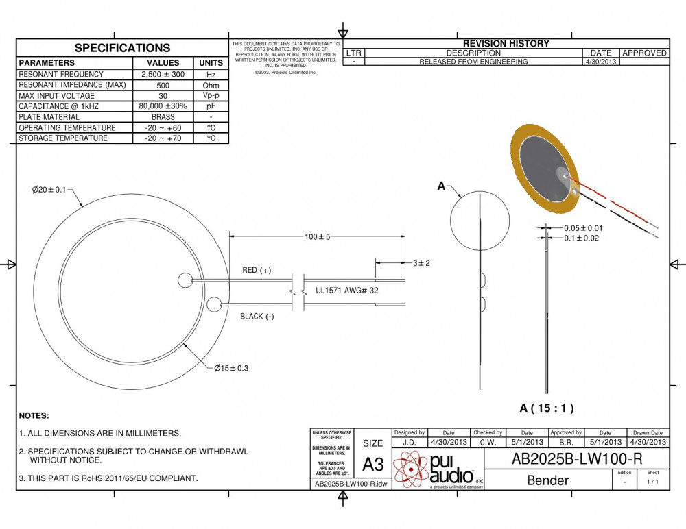AB2025B-LW100-R product specification and drawing page