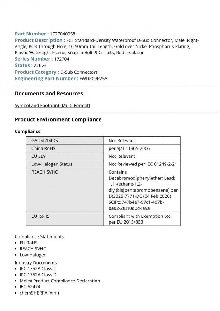 MOLEX 1727040058 technical document page 1