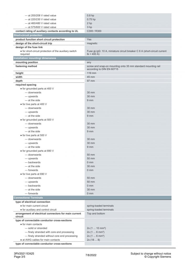SIEMENS 3RV20211EA25 technical document page 3