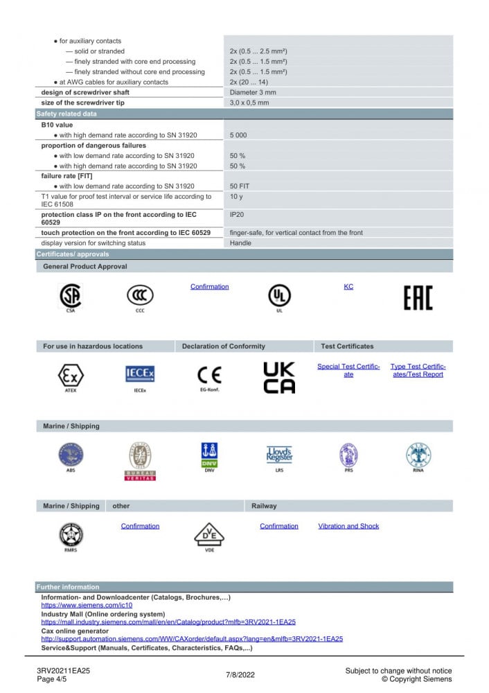 SIEMENS 3RV20211EA25 technical document page 4