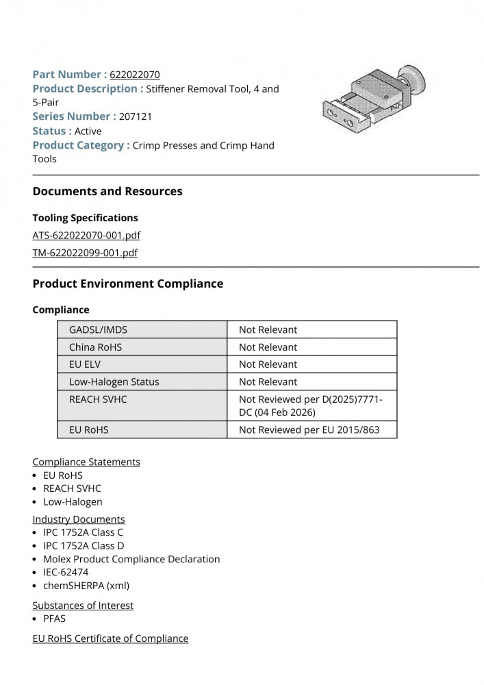 Document preview page 1 for Molex 622022070