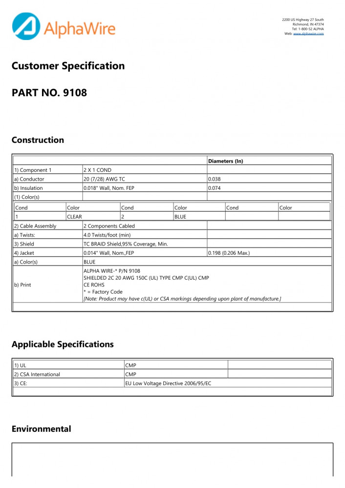 Alpha Wire 9108 technical document page 1