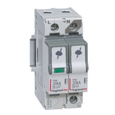 SPD with ICC protection 25kA T2 imax 20kA 1P+N right with fault signalling - SPD+MCB T2 imax 20kA 1P+NR +SD - 230V AC