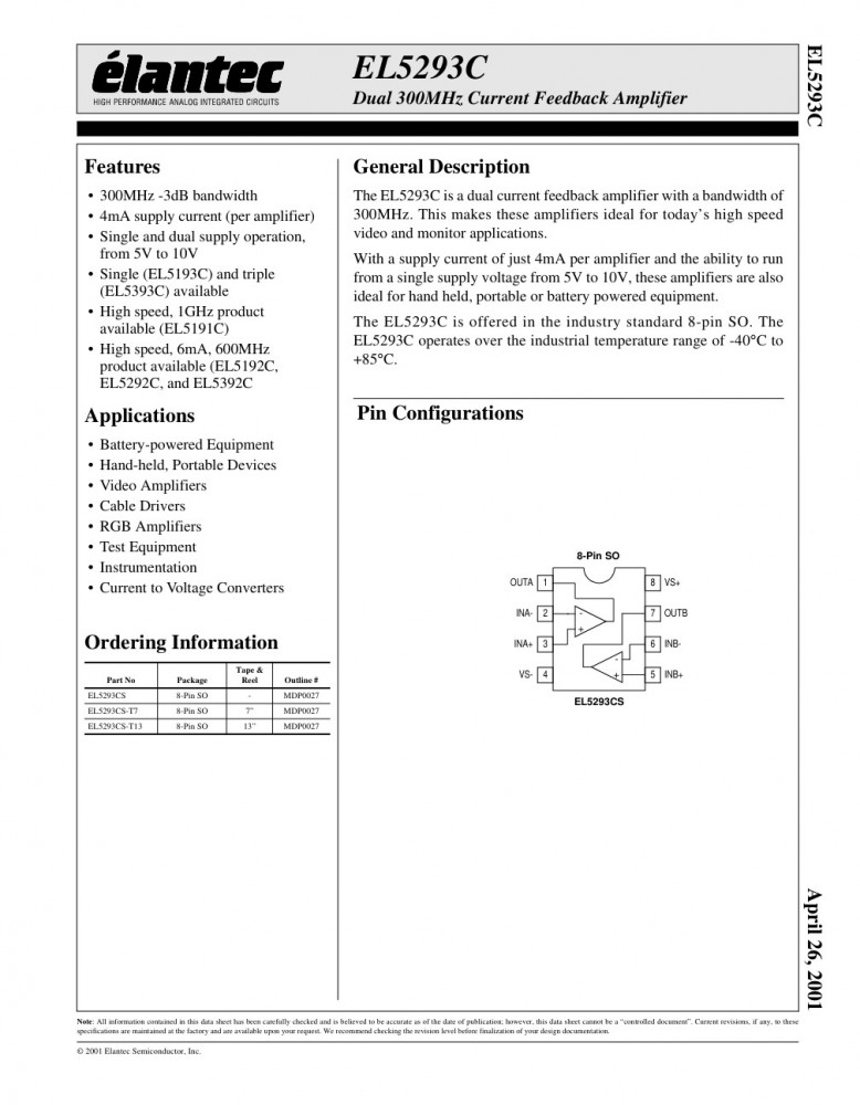 EL5293CS datasheet page 1