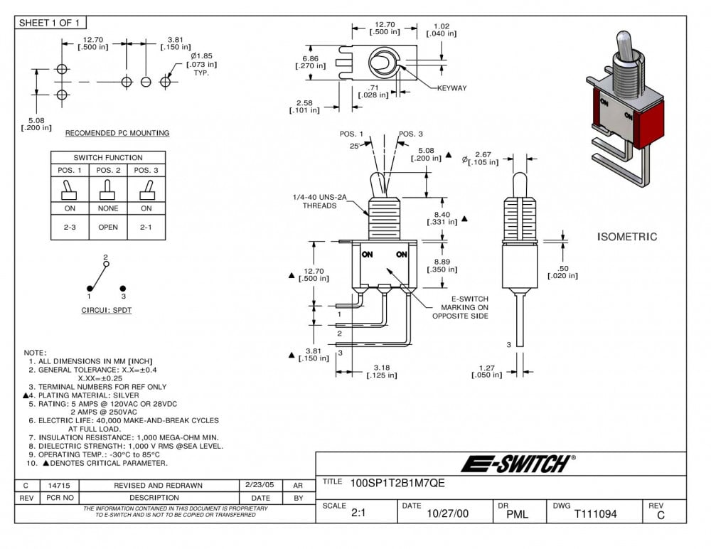 E-Switch 100SP1T2B1M7QE technical drawing