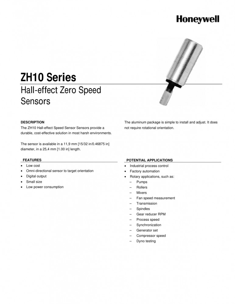 Honeywell ZH10 datasheet page 1