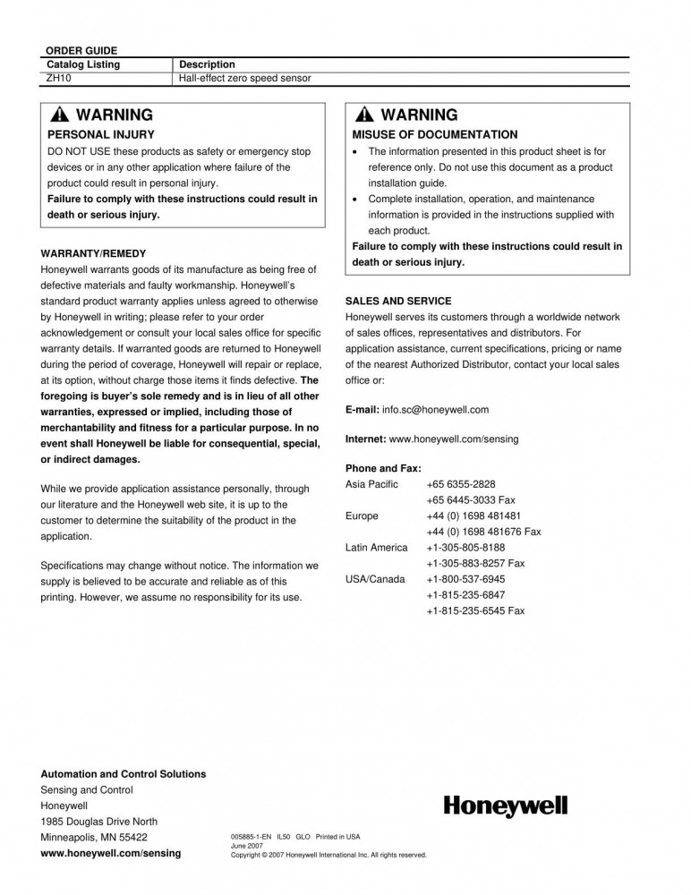Honeywell ZH10 datasheet page 4